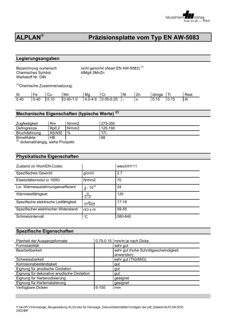 ALPLAN Präzisionsplatte vom Typ EN AW-5083