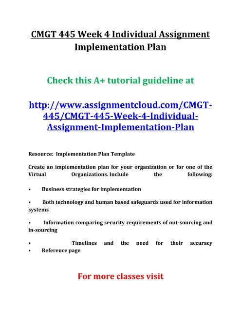 CMGT 445 Week 4 Individual Assignment Implementation Plan