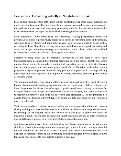 Learn the art of selling with Ryan Singlehurst Dubai