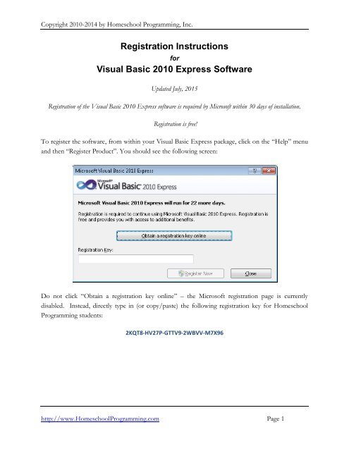 Registration Instructions Visual Basic 2010 Express Software Registration Instructions Visual Basic 2010 Express Software