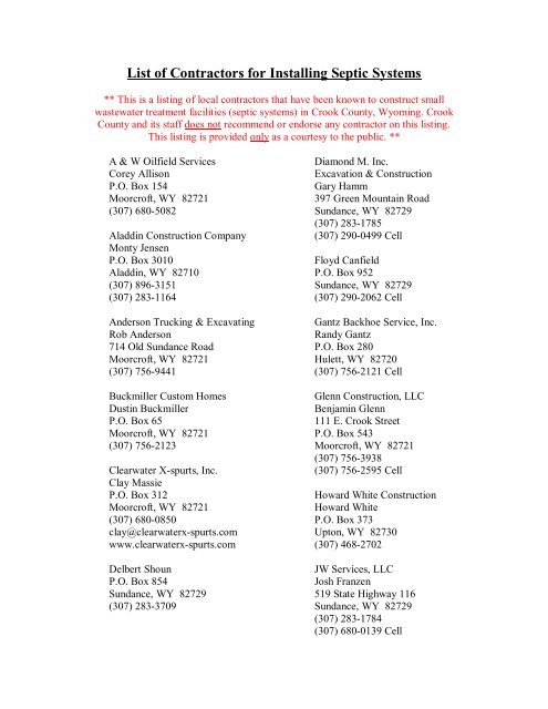 List of Contractors for Installing Septic Systems