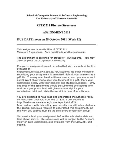 CITS2211 Discrete Structures ASSIGNMENT 2011 DUE DATE ...