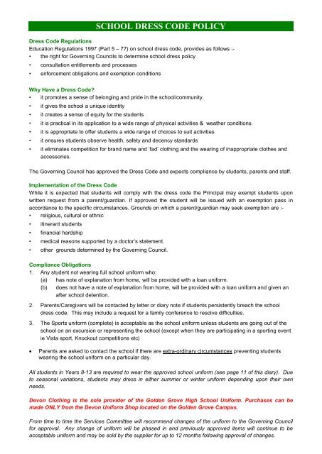 SCHOOL DRESS CODE POLICY - Golden Grove High School