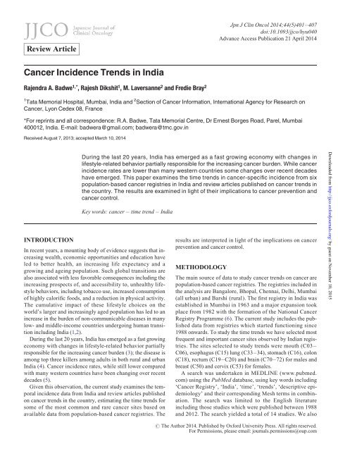 Cancer Incidence Trends in India