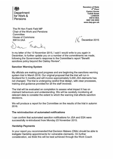 Letter to Chair from Iain Duncan Smith re benefit sanctions