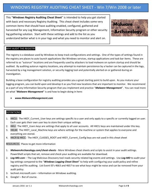 WINDOWS REGISTRY AUDITING CHEAT SHEET - Win 7/Win 2008 or later