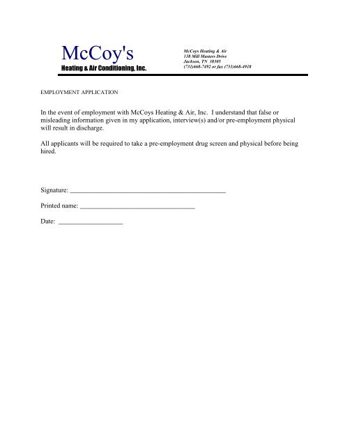 Application for Employment - McCoys