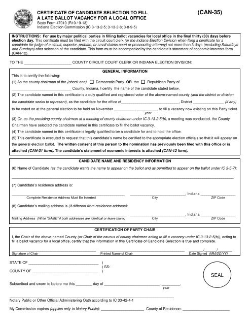 Certificate of Candidate Selection to Fill A Late Ballot Vacancy for A ...