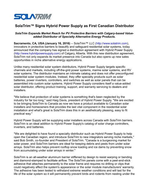 SolaTrim™ Signs Hybrid Power Supply as First Canadian Distributor