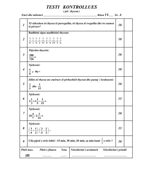 Test kontrollues kl.VI