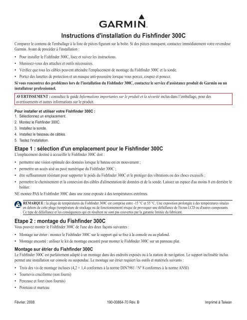 Garmin Fishfinder 300C - Instructions d installation