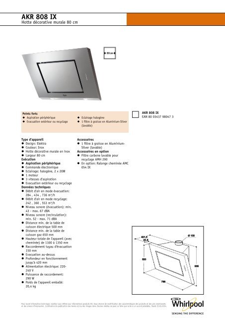 Whirlpool Hotte Cheminée Murale Inclinée Elektra AKR 808 IX ...