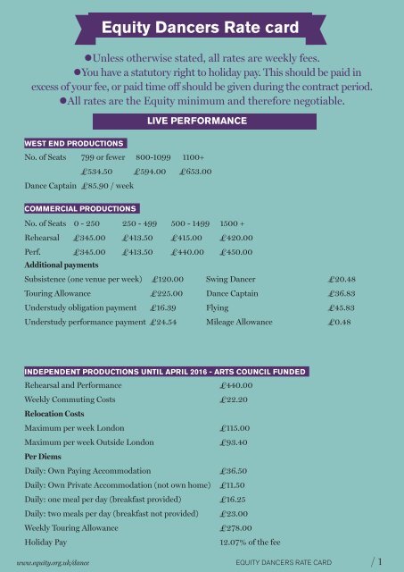 Equity Dancers Rate card
