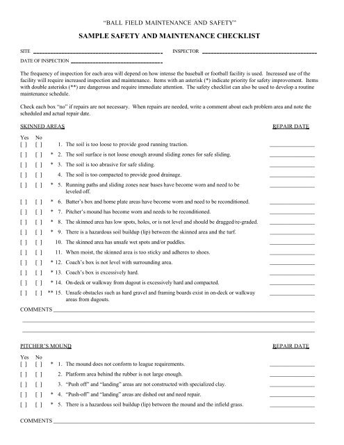SAMPLE SAFETY AND MAINTENANCE CHECKLIST