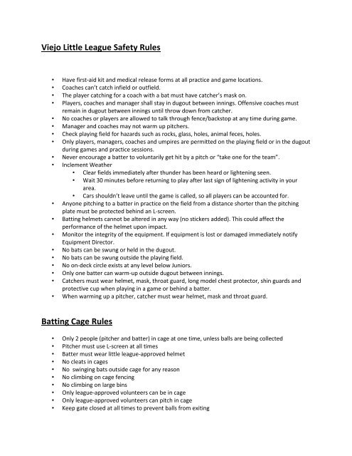 Viejo Little League Safety Rules Batting Cage Rules - Viejoll.org