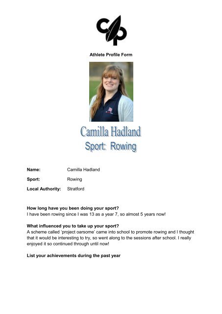 Athlete Profile Form Name: Camilla Hadland Sport ... - CSW Sport