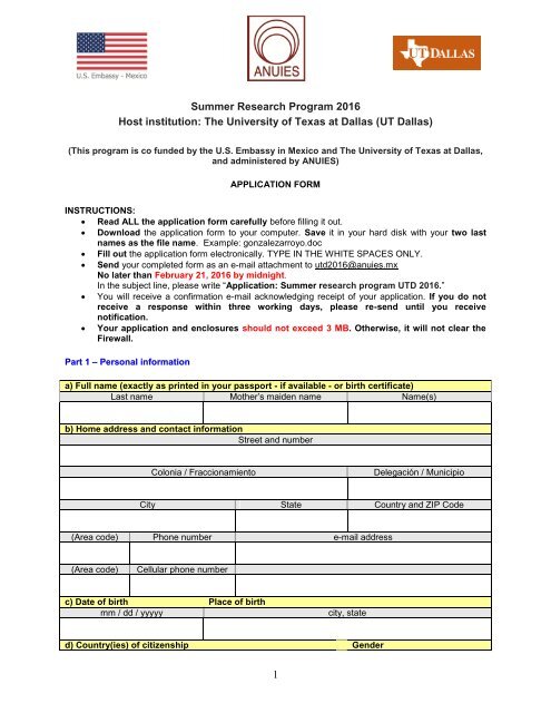 UTD Summer Research Program - application form 2016