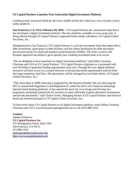 US Capital Partners Launches Next-Generation Digital Investment Platform