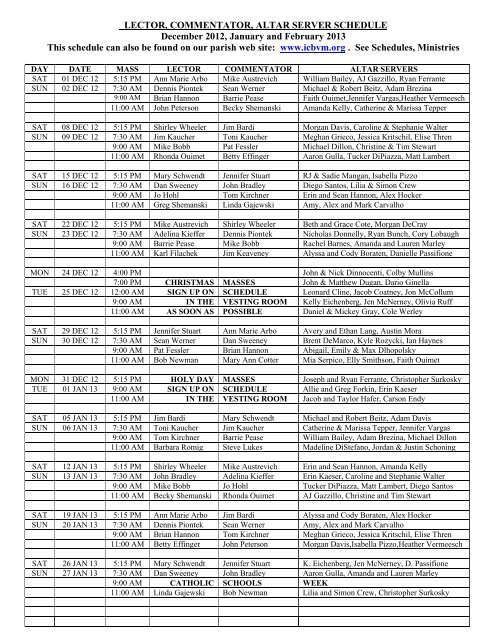 LECTOR, COMMENTATOR, ALTAR SERVER SCHEDULE ...