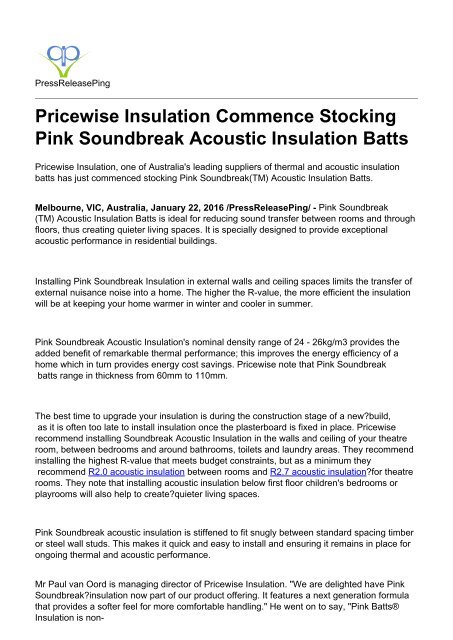 Pricewise Insulation Commence Stocking Pink Soundbreak Acoustic ...