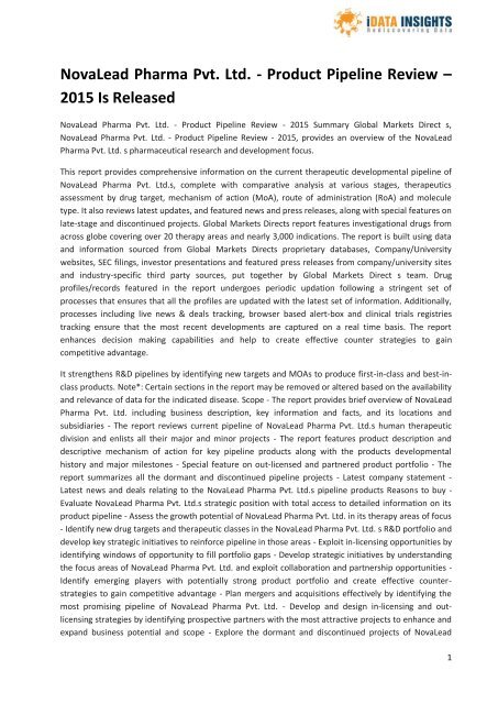 NovaLead Pharma Pvt. Ltd. - Product Pipeline Review – 2015 Is Released