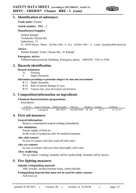 DIFFU - THERM® Cleaner BRE - 3 (cans) 1. Identification of ...