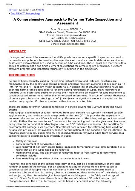 A Comprehensive Approach to Reformer Tube Inspection and Assessment
