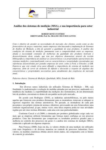 Análise dos sistemas de medição (MSA), e sua importância para setor ...