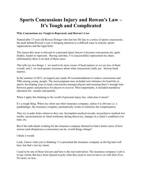 Sports Concussions Injury and Rowan’s Law – It’s Tough and Complicated