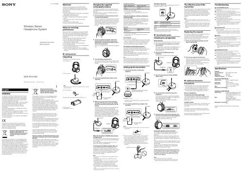 Sony MDR-RF810RK - MDR-RF810RK Consignes d’utilisation