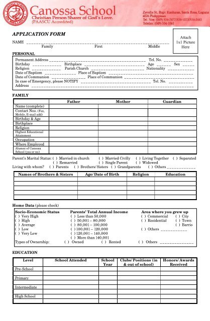Application Form - Canossa School-Sta. Rosa Laguna Philippines