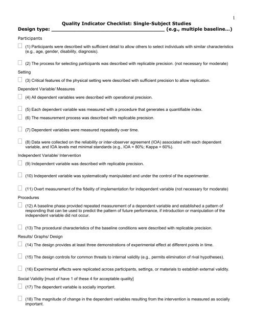 Quality Indicator Checklist: Single-Subject Studies - NSTTAC