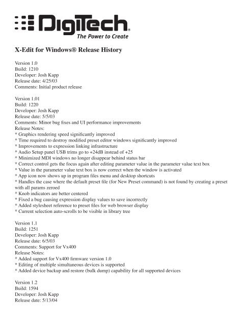 X-Edit for Windows® Release History - Digitech