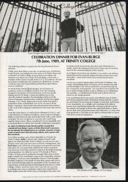 Trinity College Newsletter, vol 1 no 39, August 1989