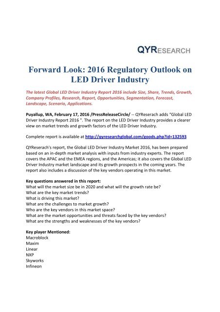 Forward Look - 2016 Regulatory Outlook On LED Driver Industry