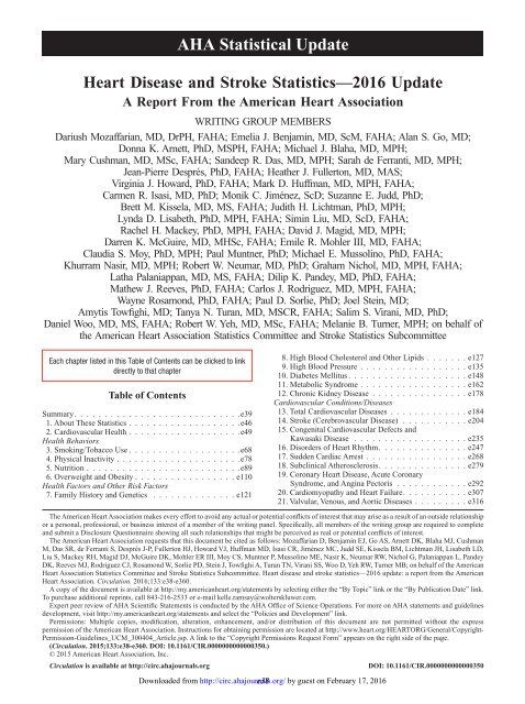 AHA Statistical Update Heart Disease and Stroke Statistics—2016 Update