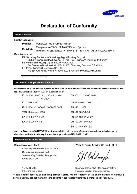 Samsung .. (SL-M4080FX/SEE ) - DoC(Declaration of Conformity) 0.01MB ...