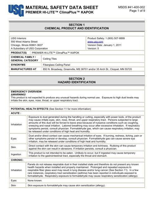 MATERIAL SAFETY DATA SHEET - USG Corporation
