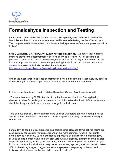 Formaldehyde Inspection and Testing