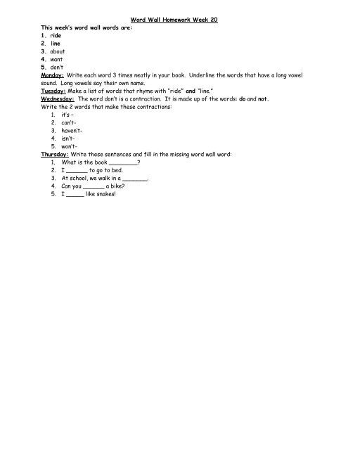Word Wall Homework Week 20