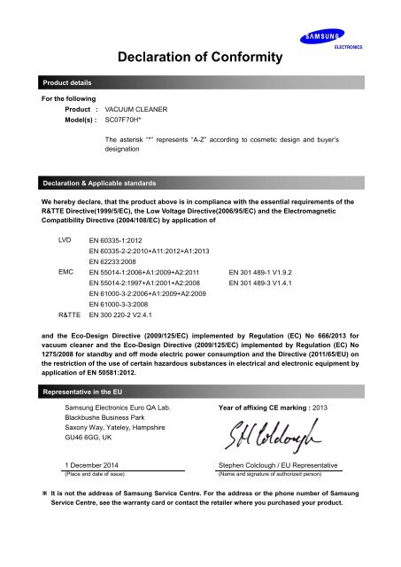 Samsung SC07F70HU (VC07F70HNUR/EF ) - DoC(Declaration of Conformity) 0 ...