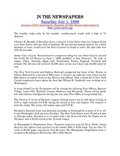 IN THE NEWSPAPERS - F.D.N.Y. New York City Fire Department