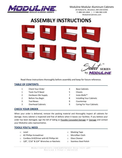 Select SERIES Aluminum Cabinet Assembly Instructions