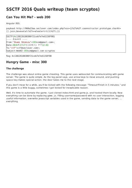 SSCTF 2016 Quals writeup (team scryptos)