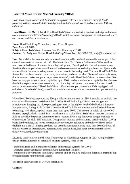 Hood Tech Vision Releases New Pod Featuring VIDAR