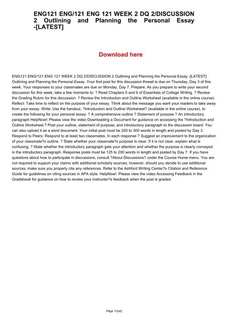 ENG121 ENG/121 ENG 121 WEEK 2 DQ 2/DISCUSSION 2 Outlining and Planning ...