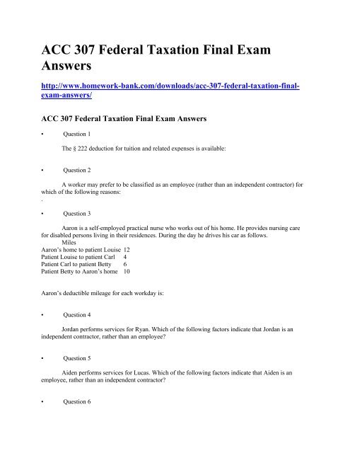 ACC 307 Federal Taxation Final Exam Answers