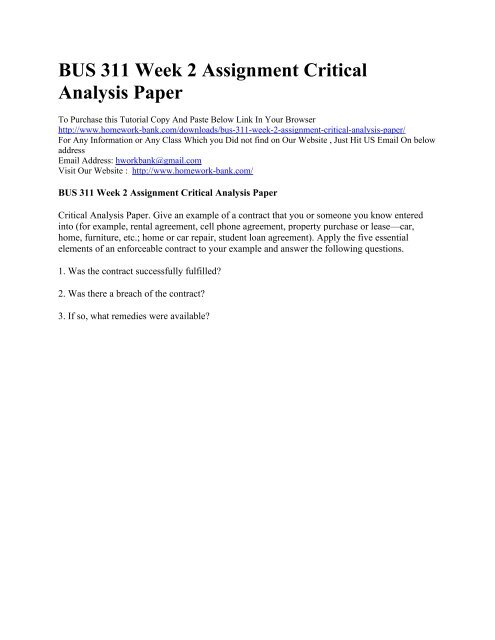BUS 311 Week 2 Assignment Critical Analysis Paper