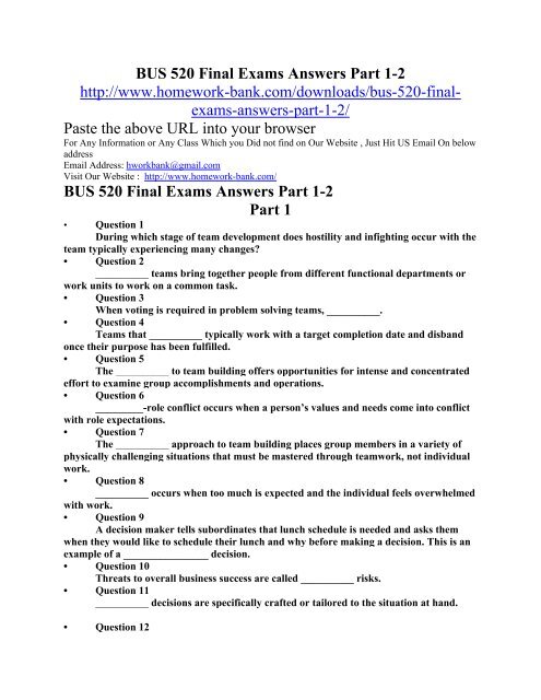 BUS 520 Final Exams Answers Part 1