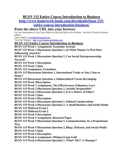BUSN 115 Entire Course Introduction to Business